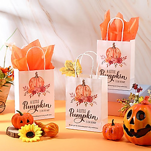 Cholemy 25 Set Pumpkin Gift Bags A Little Pumpkin Is On The Way Gift Bags with Tissue Paper Fall Gift Bags Baby Shower Candy Bags