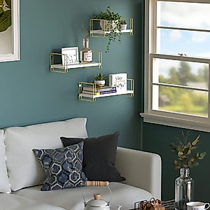 J JACKCUBE DESIGN White Wood Floating Shelves, Set of 3 Wall Mounted Hanging Shelves with Gold Wire Frames for Bedroom. Living Room, Kitchen, Bathroom and Office - MK696C