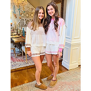 Arssm 2 Piece Sets for Women Casual Knitted Striped Crewneck Pullover Long Sleeve Sweater Shorts Lounge Outfits (White-XL)