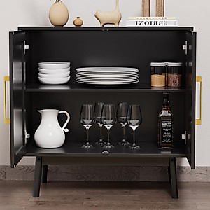 LYNSOM Rattan Storage Cabinet with Doors and Shelves, Natural Rattan Sideboard and Buffet with Storage, Free Standing Accent Cabinet for Entryway, Living Room, Office, Black