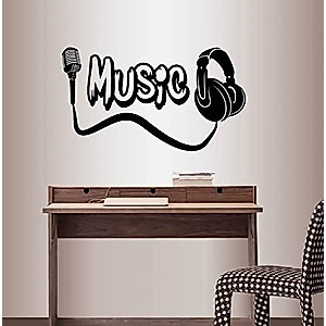 Vinyl Wall Decals Home Decor Art Stickers Music Word Microphone Headphones Bedroom Audio Studio Room Removable Stylish Mural Unique Design 58CmX33Cm
