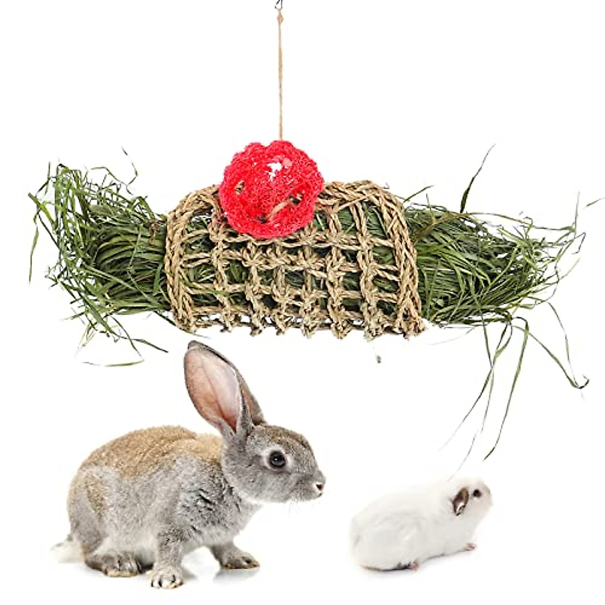 Bunny Chew Toys, Rabbit Toys, Timothy Hay Treats, Natural Sea Grass Mat Hay Feeder Bag, Rabbit Cage Hanging Chew Toys, All Natural Materials for Rabbit, Chinchilla, Guinea Pigs, Hamsters, Gerbils
