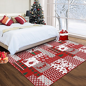 RUGSREAL Washable Christmas Area Rug Christmas Patchwork Area Rugs Carpet Holiday Decorative Carpet Rug Velvet Foldable Coffee Table Accent Rug Farmhouse Dining Table Rug Bedroom Decor, 4' x 6'