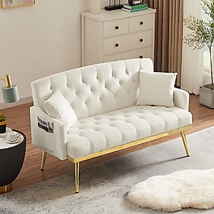 Antetek Upholstered Velvet Loveseat Sofa, Modern Small Sofa Couch with Side Pocket and Golden Metal Legs, Tufted Leisure Sofa for Living Room, Bedroom, Office, Small Space, Light Beige