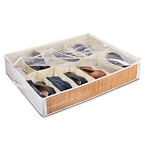 Under The Bed Shoe Organizer - Keep Your Shoes Organized with Storage for Up to Twelve Pairs of Shoes. Decorative Bamboo Siding, Easily Visible with Clear Cover and Protected from Moisture and Dust.