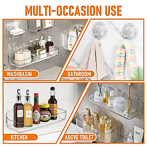 BShasrlim Acrylic Shower Shelves - Adhesive Wall Mounted Shower Organizer Clear with Soap Dish and Hooks - No Drill Adhesive Shelf for Bathroom and Kitchen Storage (Clear, Long Set of 4)