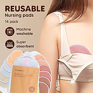 Reusable Nursing Pads for Breastfeeding, 14-Pack - 4-Layers Organic Bamboo Nursing Pads - Breastfeeding Pads - Washable Breast Pads - Natural Bamboo Maternity Pads (Lovelle, Large 4.8")