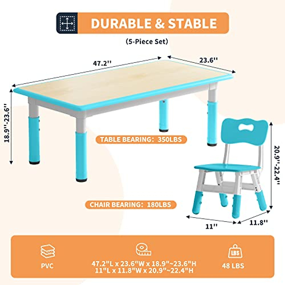 wanan Kids Table and 4 Chairs Set, Multi Levels Height Adjustable Toddler Table and Chairs Set for Daycare, Classroom, Home, Playroom, Easy to Clean Arts & Crafts Table for Ages 2-10 (Light Blue)