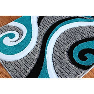 Masada Rugs, Sophia Collection Hand Carved Mat Modern Contemporary Turquoise White Grey Black (2 Feet X 3 Feet 4 Inch) Welcome Mat, Doormat, Bathroom Rug, Kitchen Mat, Small Space Rug
