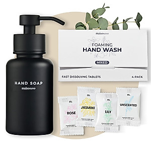 MaisoNovo Shampoo and Conditioner Dispenser with Wall Mounts - 4 Pack Mixed Scent Foaming Hand Soap Tablets + 1 Black Glass Dispenser