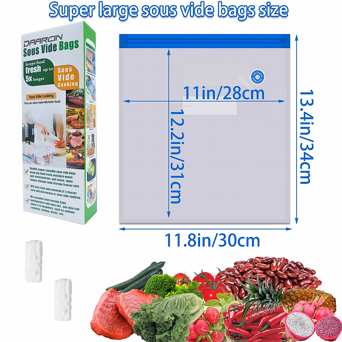 Daarcin Super Large Sous Vide Bags15pcs kit,BPA Free Reusable Vacuum Sealer Bags and 2pcs Sealing Clips for Food Storage and Sous Vide Cooking(11.8x13.4in/30x34cm)