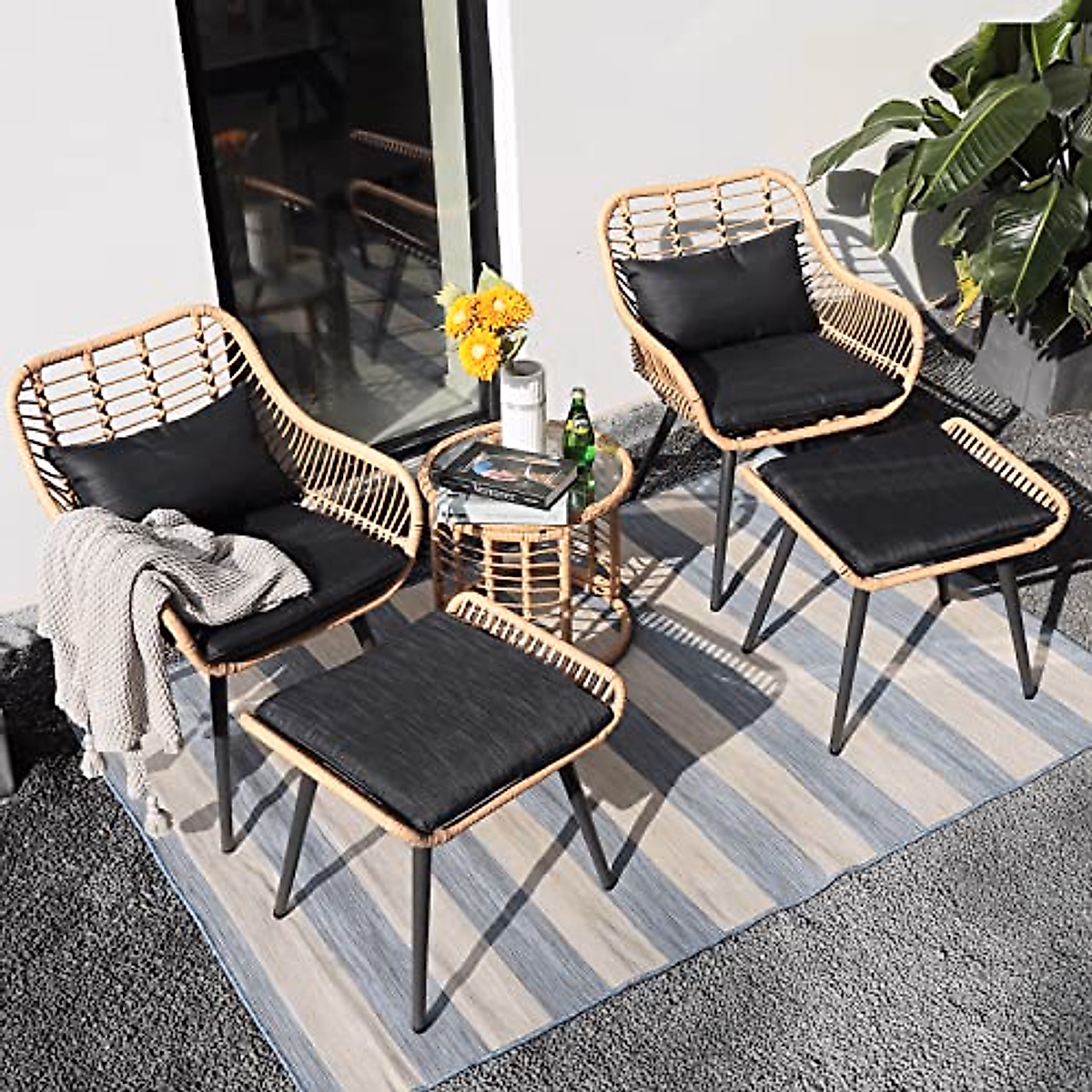 JOIVI 5 Piece Outdoor Wicker Furniture Set, Rattan Bistro All Weather Conversation Set with Ottoman and Coffee Side Table