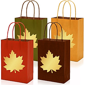 Whaline 24 Pcs Fall Theme Gift Bags Reusable Colorful Treat Bags with Gold Maple Leaf Grocery Shopping Kraft Paper Bags Candy Goodies Bags for Autumn Holiday Wedding Birthday Party Favors Supplies