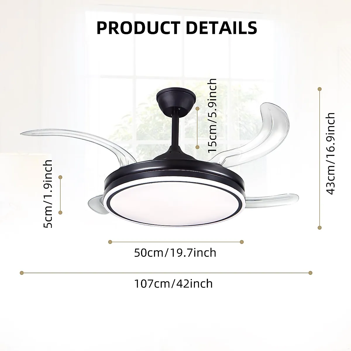 Lcozdny Retractable Ceiling Fans with Lights and Remote, 42 Inch Modern Ceiling Fan with 3 Color Change for Living Room Dining Room Bedroom - Timer Setting & Reversible