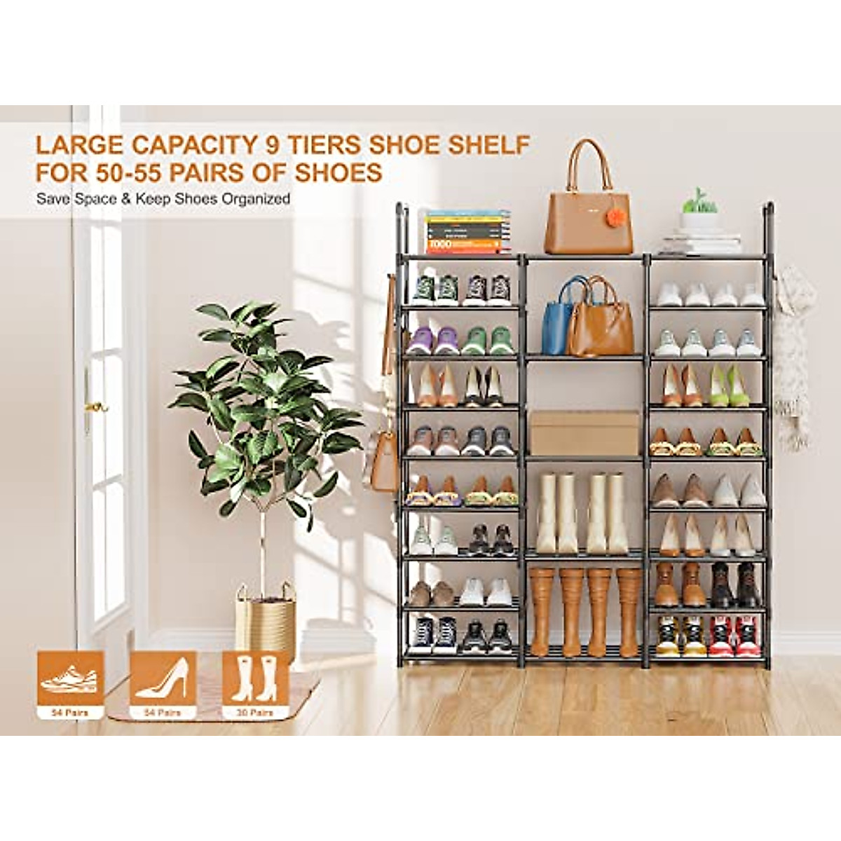 9 Tier Shoe Rack for Closet | Metal Shoe Shelf | Black Vertical Versatile Garage Entryway Tall Storage Organizer for 40-60 Pairs of Shoes and Boots | Large Capacity Sturdy Save Space Easy to Assemble