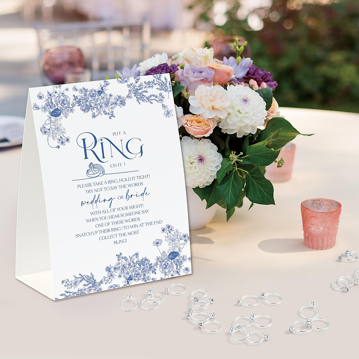 Put A Ring on It Game(50 Rings with One Sign), Don't Say Wedding or Bride Game, Fun Bridal Shower Game, Bridal Shower Decorations Blue Floral-JZDS05