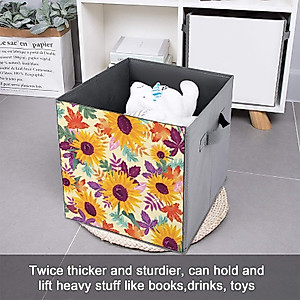 DamTma Storage Cubes Fall Sunflowers 11 Inch Cube Storage Bin with Handles Maple Leaves Fabric Collapsible Cube Baskets for Shelf Toys Clothing Books