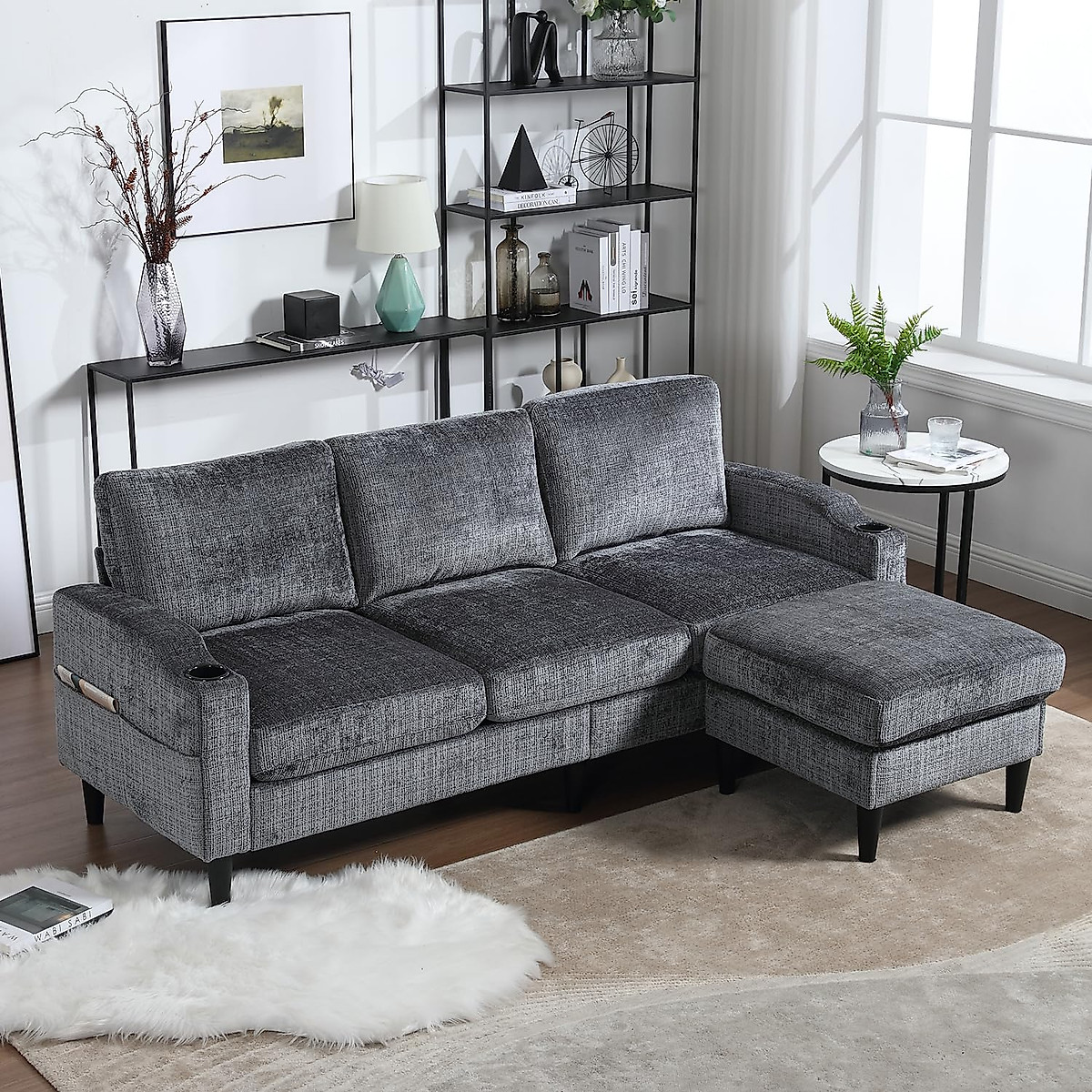 Gsxiyosen 77" Chenille Room Sectional Sofa, Convertible L Shaped 3-Seat Bench Sofa Couch with Storage Chaise Upholstered Couches,Comfy Polyester Upholstered Sofa Sleeper for Bedroom, Office (Grey)