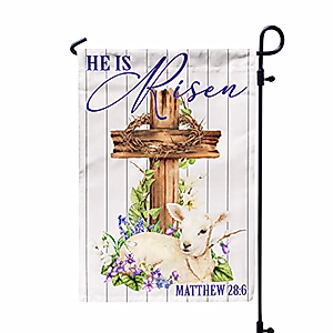 He is Risen Religious Garden Flags 12x18inch Burlap , Easter Cross Sheep Matthew 28:6 Flags for Spring Holiday Yard Decorations Outdoor