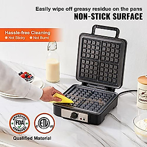 VEVOR Waffle Maker 1200W Square Waffle Iron, Non-Stick Waffle Baker Machine with Five-setting Browning Controls, 4 Slice Belgian Waffle Maker Teflon-Coated Baking Pans Stainless Steel Body, 120V