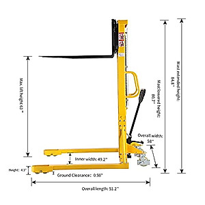 Xilin Manual Pallet Stacker 2200lbs Capacity 63" Lift Height with Straddle Legs Adjustable Forks