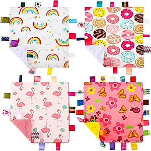 4 Pieces Baby Tags Security Blankets Security Blankets for Babies Baby Comfort Blanket with Colorful Tags Baby Soothing Towel Animal Bed Blanket, 9.5 x 9.5 Inch (Cute Patterns)