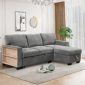 Polibi L-Shape Convertible Sofa with Storage Chaise, USB Charger, Cup Holders and Side Shelves, Velvet Multifunctional 3-Seat Couch, Pull-Out Sleeper Sofa Bed for Living Room, Bedroom, Grey