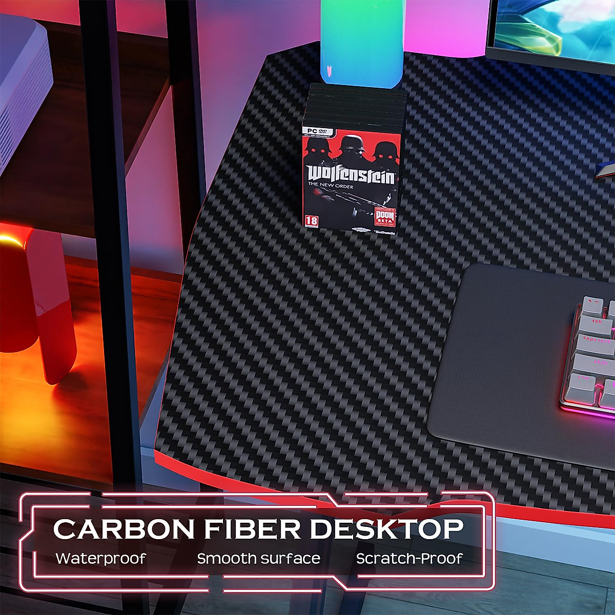 PayLessHere 35 Inch Modern Z-Shaped Gaming Desk Computer Desk for Home Office with Headphone Hook - Sturdy Workstation Table with Spacious Desktop,Red