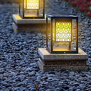Mrdsre Chinese Style Solar Column Lights Black Finish Square Solar Column Light Post Lantern Stainless Steel Waterproof Outdoor Light Rainproof Waterproof Pillar Lamp Courtyard Lamp Garden Villa Lands