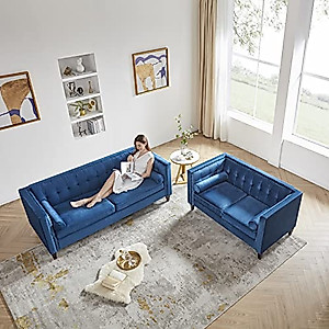 Dreamsir 58'' W Velvet Sofa, Mid-Century Love Seats Sofa Furniture with Bolster Pillows, Button Tufted Couch for Living Room, Tool-Free Assembly (Loveseat, Navy Blue)