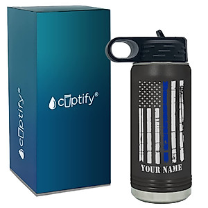 Cuptify Personalized Distressed Blue Line Police Flag on Black Sports Bottle with Straw 20 oz Stainless Steel Vacuum Insulated Bottle Gift for Police, Academy, Graduation