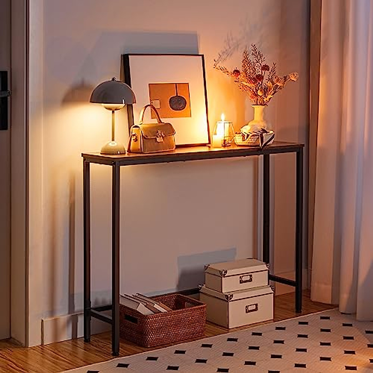 HOOBRO Console Table, Sofa Table with Support Bar, Hallway Entrance Table for Living Room, Entryway, Corridor, Sturdy, Easy Assembly, Wood Look Accent Table, Rustic Brown and Black BF751XG01