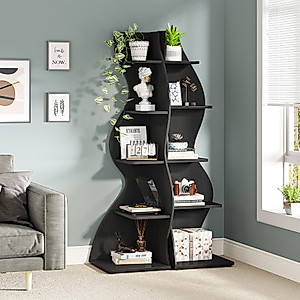 Tribesigns Corner Shelf, Modern 5-Tier Wall Corner Bookshelf, Stylish Corner Small Bookcase Storage Rack Plant Stand with Unique Shape for Living Room, Home Office, (1PC, Black)