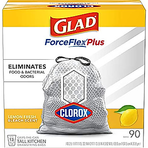 Glad Trash Bags, Tall Kitchen Garbage Bags ForceFlex Plus with Clorox, 13 Gallon, Lemon Fresh Bleach Scent 90 Count (Package May Vary), White-gray, Lemon Fresh