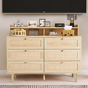 FUQARHY Rattan Dresser for Bedroom with Shelves, Modern 6 Drawer Double Dresser with Charging Station, Wood Chest of Drawers for Bedroom, Living Room, Hallway (Natural)