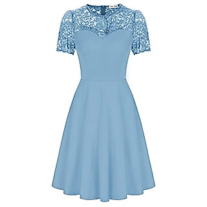 Kate Kasin Women's Retro Crewneck Lace Splicing A Line Cocktail Dress Formal Wedding Guest Party Sexy Prom Dresses Short Light Blue S