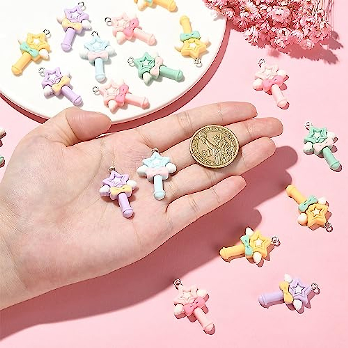 LiQunSweet 30 Pcs 5 Colors Opaque Resin Star Magic Stick Charms Magic Wand Fairy Tale Charms for Birthday Party Halloween Christmas Princess Cosplay