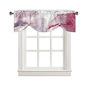 Tie Up Valance for Kitchen Windows, Abstract Marble Agate Texture Tie-up Curtain Shade Valances 42"x12" Rod Pocket Short Curtains Window Treatment for Living Room Pastel Theme Pink Purple White Gold