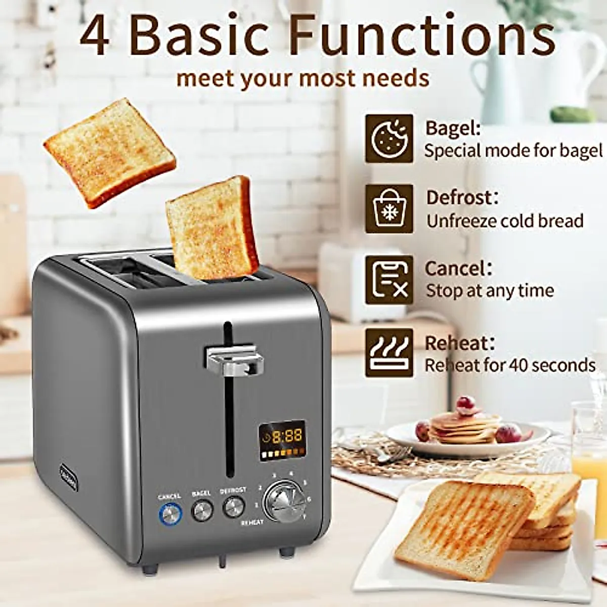 SEEDEEM Toaster 2 Slice, Stainless Steel Bread Toaster with Colorful LCD Display, 7 Bread Shade Settings, 1.4'' Wide Slots Toaster with Bagel/Defrost/Reheat Functions, Removable Crumb Tray, 900W, Dark Metallic