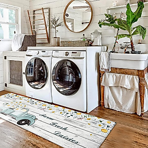 Kitchen Rugs and Mats Sets of 2 Truck Daisy Flower Non-Slip Rubber Backing Area Rugs Washable Runner Carpets for Floor, Kitchen Wild Floral Fresh Design Farmhouse Plank 15.7x23.6+15.7x47.2inch