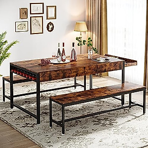Loomie 63" Dining Table Set for 4-6, 3-Piece Kitchen Table with 2 Utensil Drawers, 2 Benches & Wine Rack, Modern Space Saving & Heavy Duty Dinner Table Set with Metal Frame & MDF Board, Rustic Brown