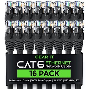 GearIT Cat 6 Ethernet Cable (16-Pack 7 Feet) Cat6 Network Patch, 10Gbps, RJ45, Snagless Cord, Gold-Plated Connectors, Internet for PC, TV, Tablet, Router, Printer, Servers, IT Data Center - Blue