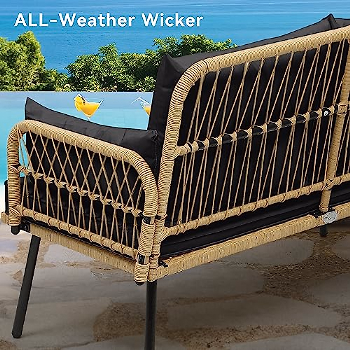 YITAHOME Patio Furniture Wicker Outdoor Loveseat, All-Weather Rattan Conversation for Backyard, Balcony and Deck with Soft Cushions (Light Brown+Black)