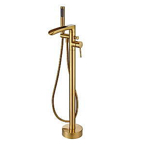 Qinkell Freestanding Tub Faucet Waterfall Bathtub Filler Brushed Gold Floor Mount Brass Bathroom Faucets with Hand Shower