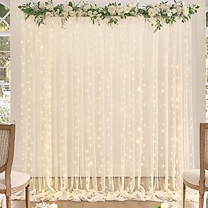 Champagne Backdrop Curtains with Lights String for Wedding Parties 10×10ft Sheer Tulle Backdrop Curtain for Bridal Shower Baby Shower Birthday Party Photo Shoot Background Decorations 2 Panels 5×10ft