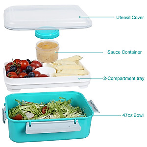 Shopwithgreen 47-oz Bento Box with Removable Tray & Dressing Pots, Food Prep Storage Containers with Lids, Coastal Aqua