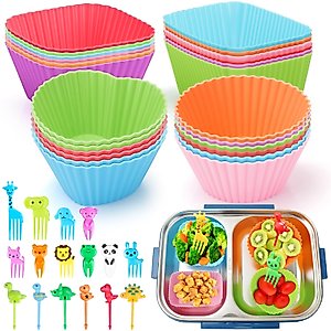 80PCS Silicone Lunch Box Dividers for Kids Lunch Accessories Set, Including 24 Reusable Silicone Cupcake Liners Baking Muffin Cups with 56 Animal Food Picks for Kids, Lunchbox Bento Box Accessories