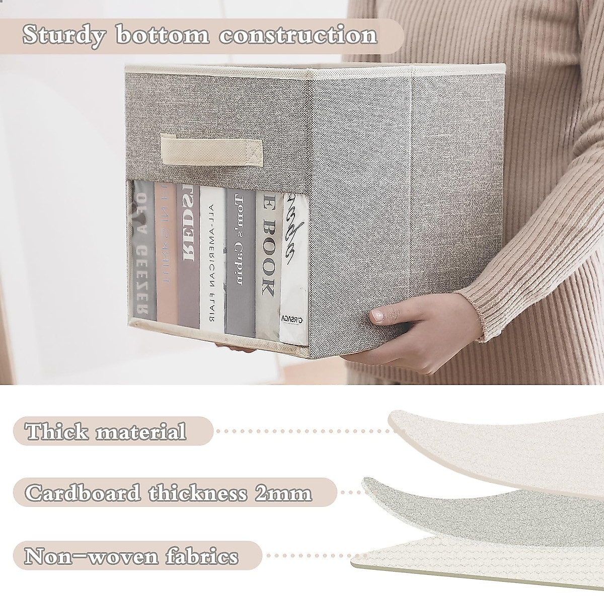 EITMOW 11 inch Closet Open Storage Bins with Clear Window with Reinforced Handles, Woven Fabric Storage Cubes, Foldable Organizer Bins for Closet Shelves, Clothes. (2PCS/Beige)