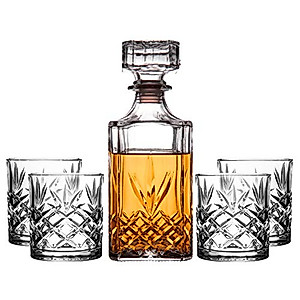 Royalty Art Kinsley Whiskey Glasses Set with Decanter for Scotch, Bourbon, Cognac, and Liquor, Classic 5-Pc. Glass Bundle for Serving Alcohol, Pull Top Drink Stopper