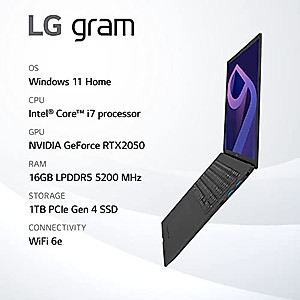 LG Gram (2022) 16Z90Q Ultra Lightweight Laptop, 16" (2560 x 1600) IPS Display, Intel i7 1260P CPU, NVIDIA RTX2050 GPU, 16GB RAM, 1TB NVMe SSD, FHD Webcam, WiFi 6E, Thunderbolt 4, Windows 11, Gray